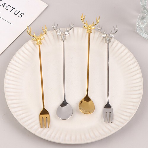 1Pc Elk Long Handle Coffee Fork Spoon Stainless Steel Ice Cream Dessert ...