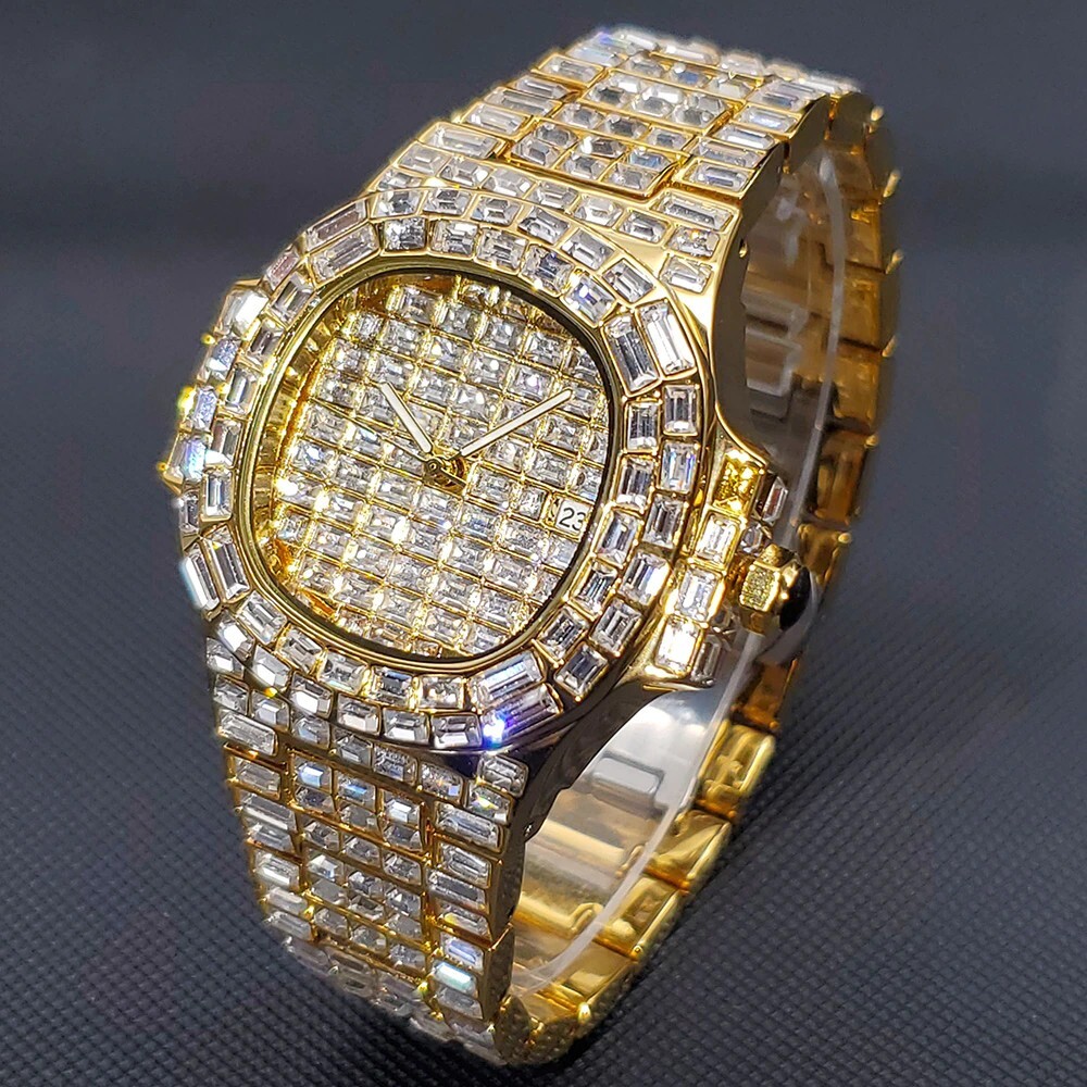 MISSFOX Men's Fully Ice Out Watch Gold Analog Quartz Waterproof Luxury ...