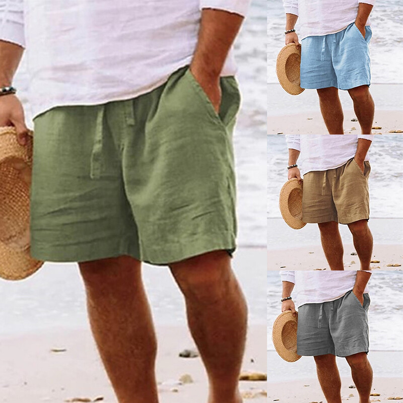 Mens Cotton Linen Shorts Summer Beach Hawaiian Drawstring Waist Short ...