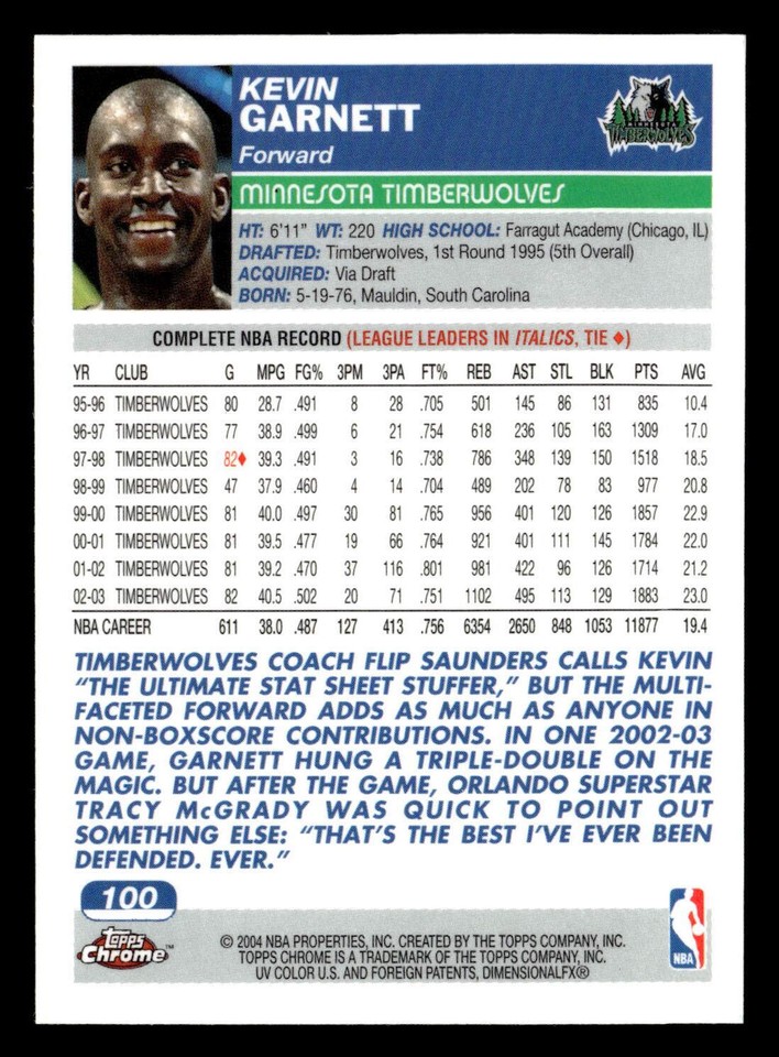2003-04 Topps Chrome #100 Kevin Garnett | eBay