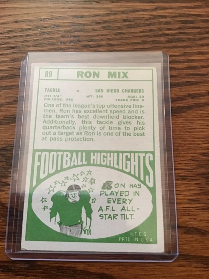 1968 Topps Football Ron Mix San Diego Chargers Card #89 Great for ...
