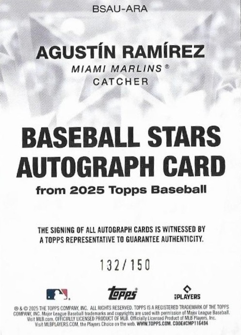 AGUSTIN RAMIREZ 2025 Topps Update RC AUTO Baseball Stars Blue 132/150 ...