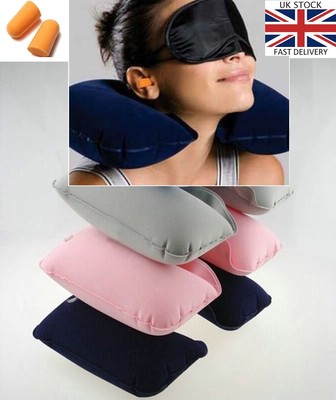 Travel Head Neck Rest Pillow Air Cushion Inflatable Support + Ear Plug ...