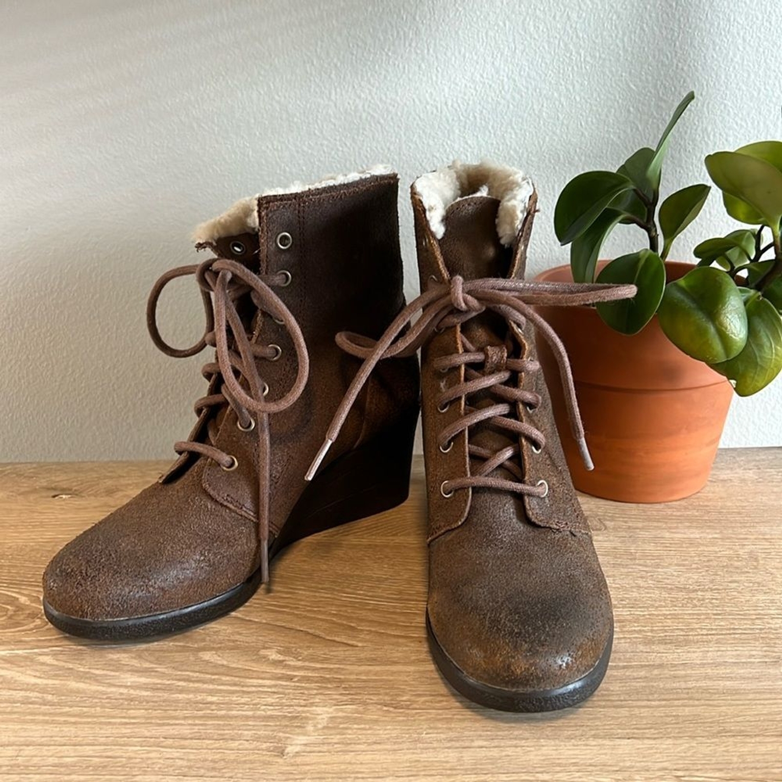UGG Waterproof Suede Wedge Lace Tie Boot Booties, 6 - Gem