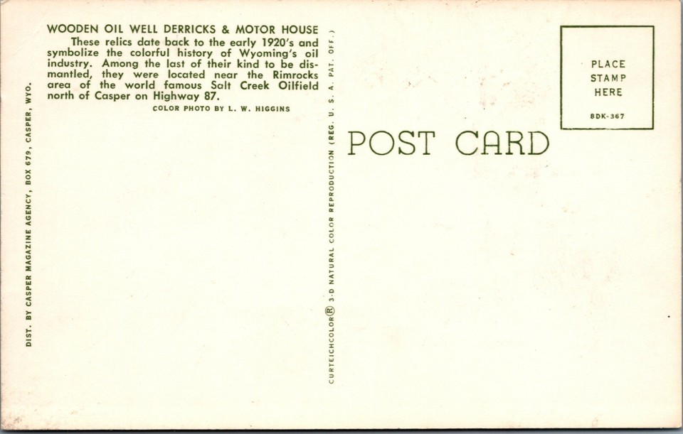 Wooden Oil Well Derricks & Motor House Wyoming Chrome Vintage Postcard ...