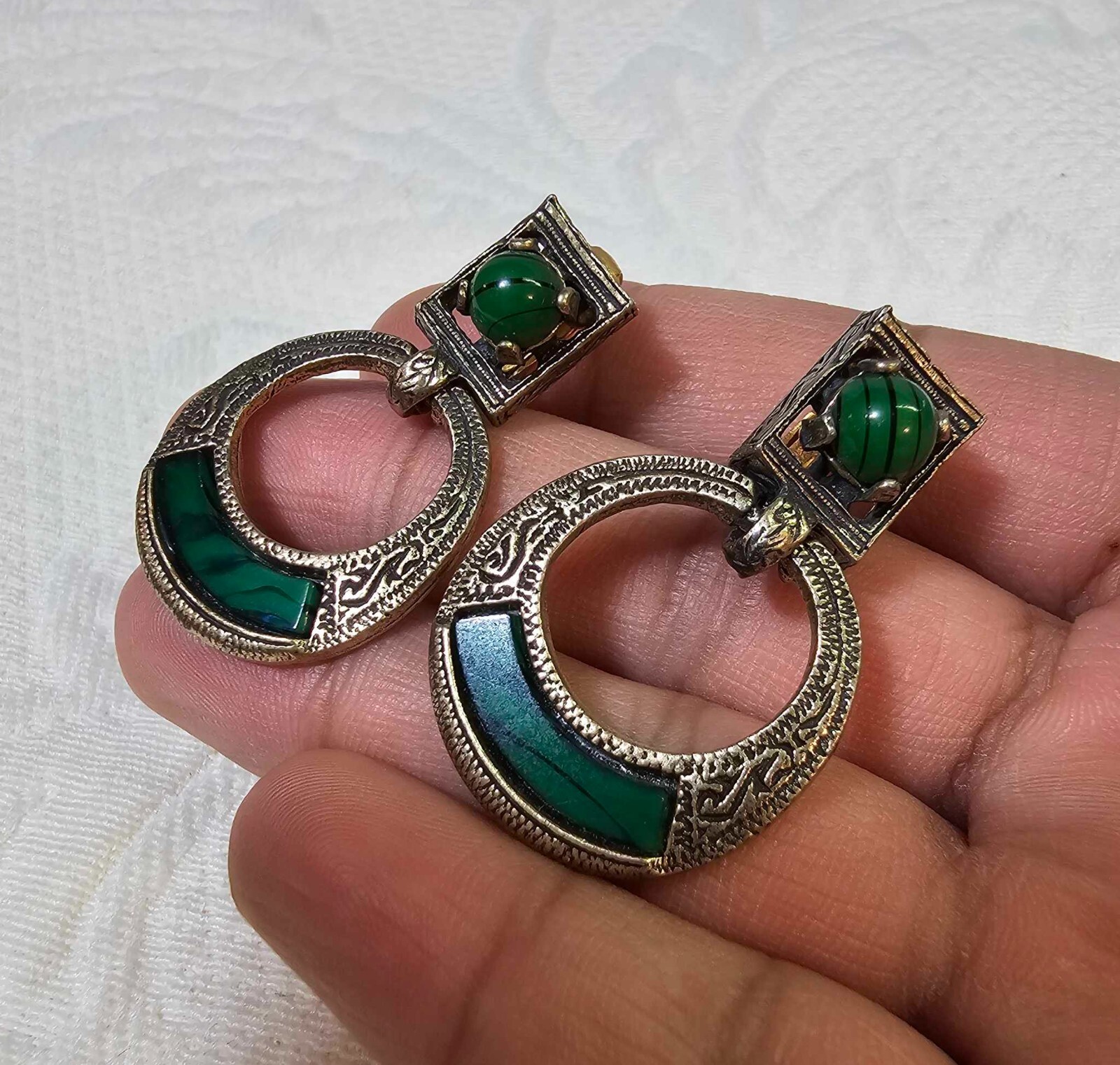 Signed Miracle Goldtone Clip on Earrrings Hoops w/ Green Stone | eBay