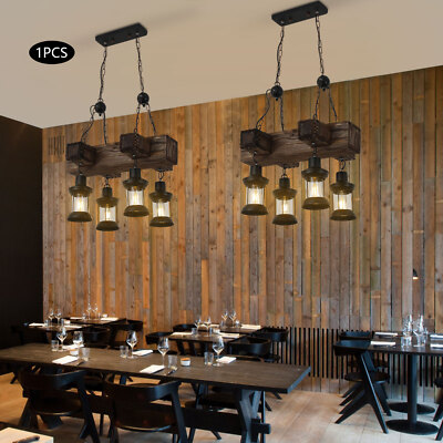 Rustic LED Chandelier Pendant Lighting Fixture Wooden Ceiling Light ...