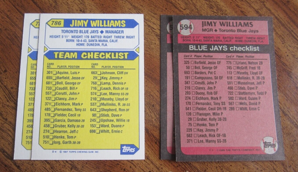 Jimy Williams Lot of 4 Topps Trading Cards MLB Baseball Toronto Blue ...
