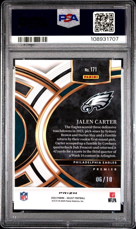 Jalen Carter 2023 Panini Select GOLD Prizm /10 PSA 10 #171 Rookie RC ...
