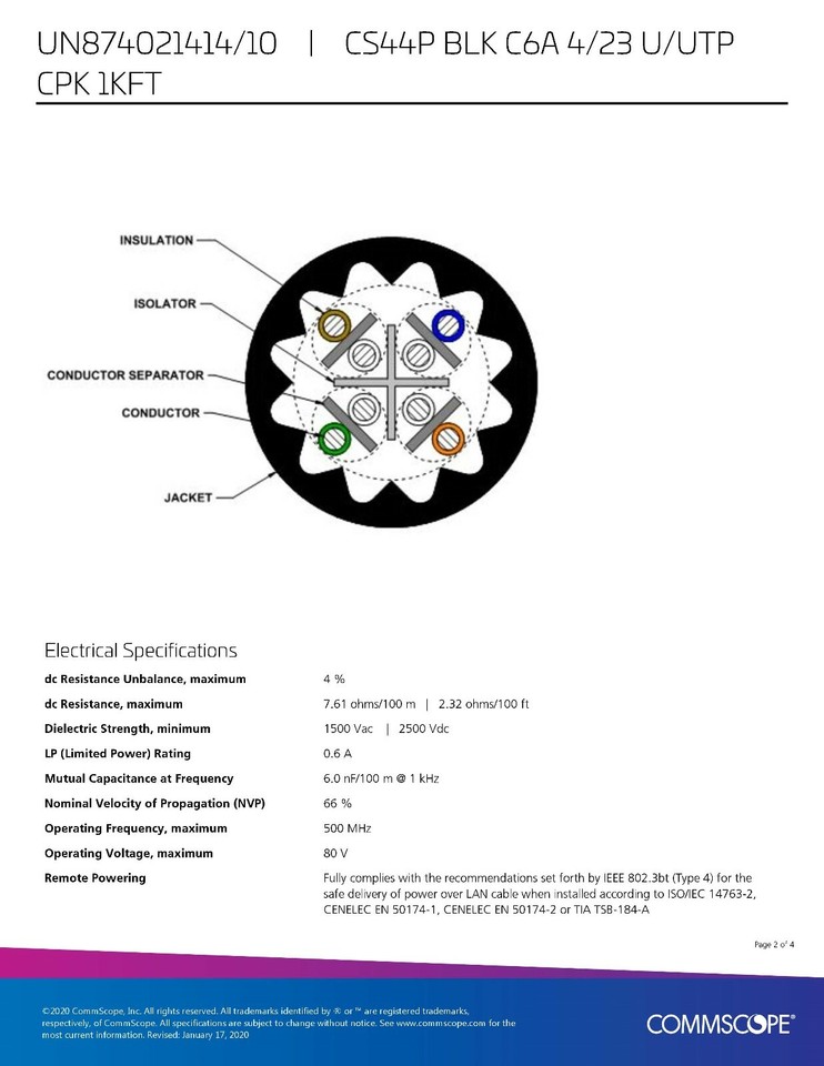 Commscope CS44P Cat6A U/UTP Network Ethernet 10G 10Gig Cable Plenum ...