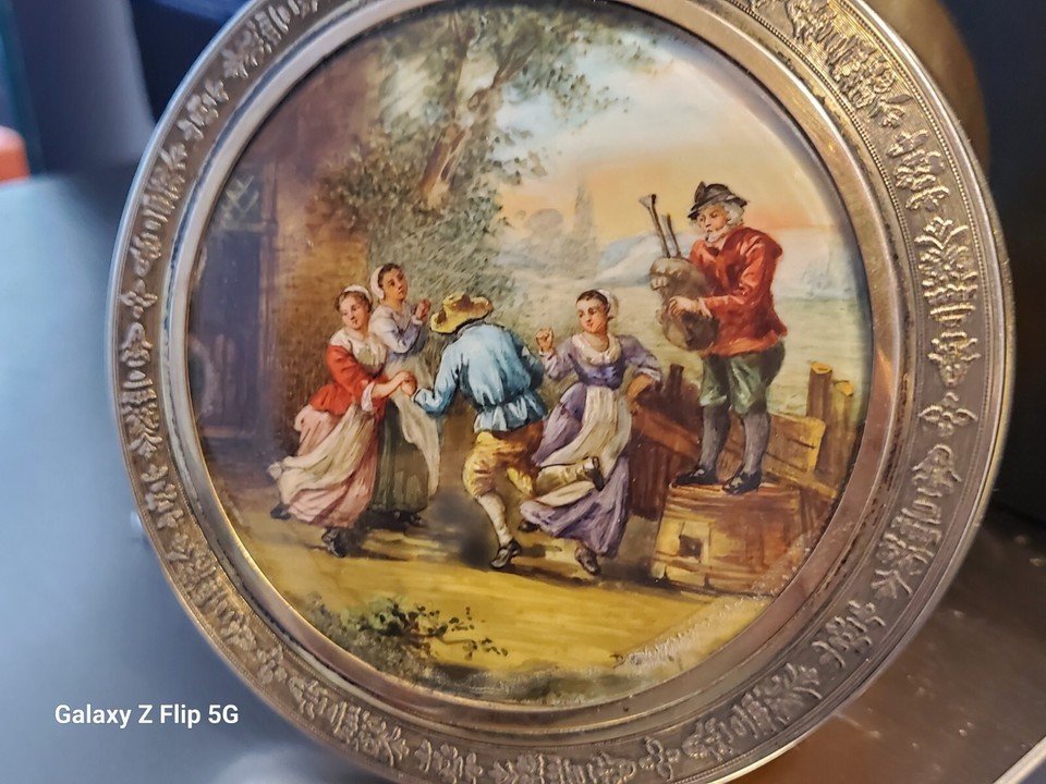 Antique French Sterling Silver Miniature & Enamel Round Box Case 19th ...