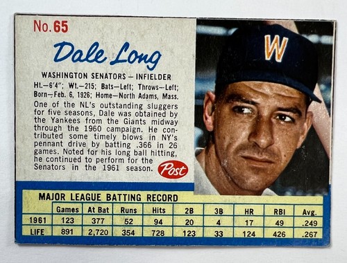 1962 Post Cereal #65 Dale Long (Senators) 126E | eBay
