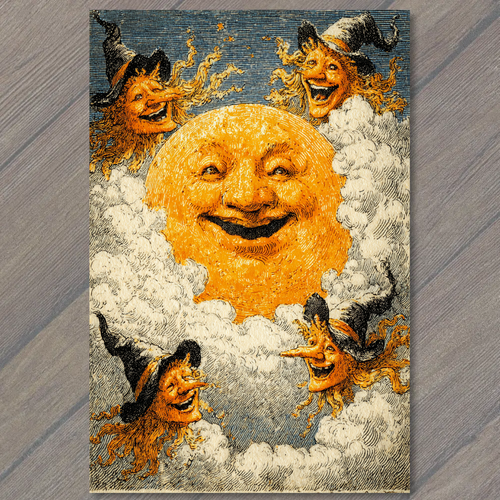 Art Print Grinning Moon Surrounded by Laughing Witches in Clouds ...