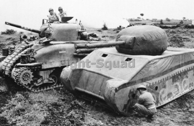 WW2 Picture Photo American tank M4A1 Sherman and British inflatable ...