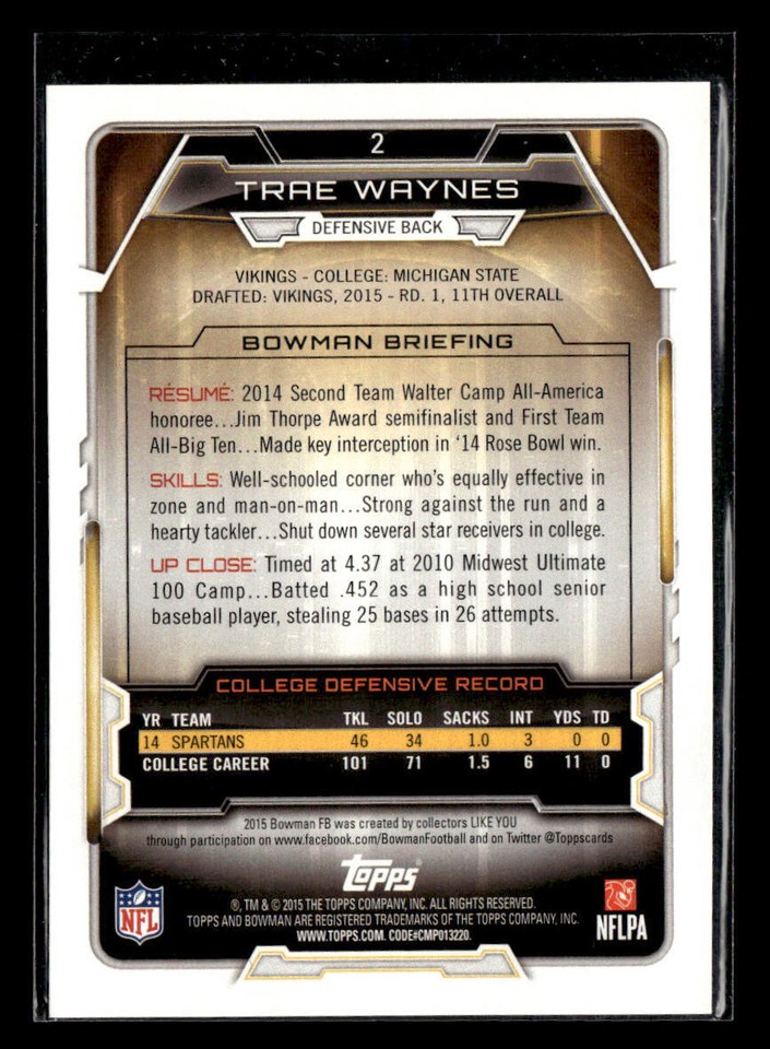 2015 Bowman #2 Trae Waynes Rookies Black Card Minnesota Vikings | eBay