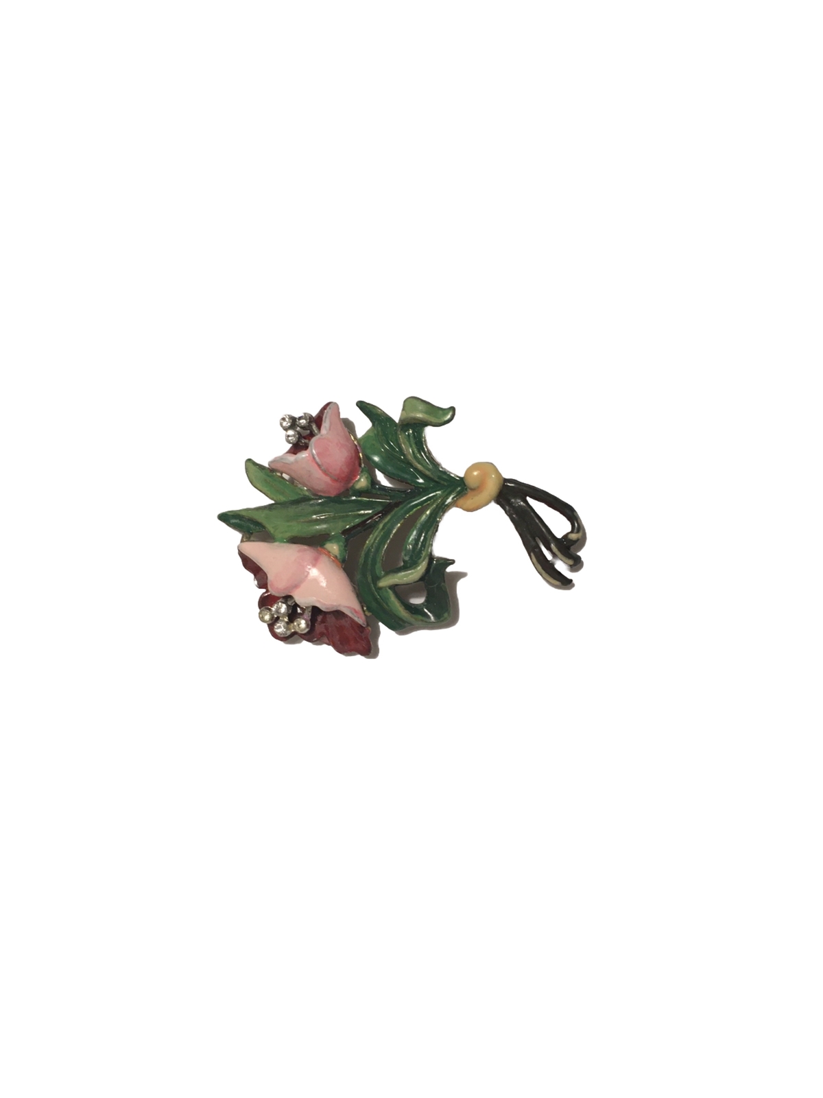 Vintage Pot Metal Enamel Rhinestones Brooch Flowers Gem