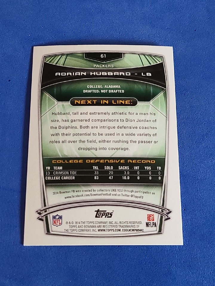 2014 Adrian Hubbard Bowman Black Parallel #61 Rookie | eBay