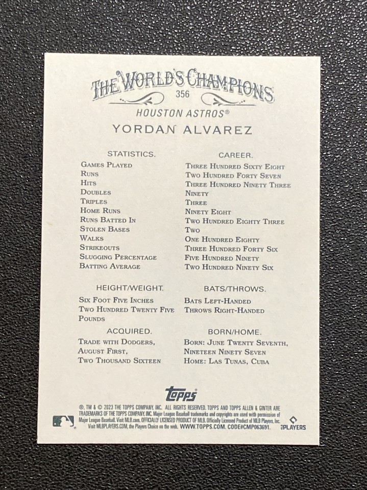 2023 Topps Allen & Ginter Short Print #356 Yordan Alvarez - Houston ...