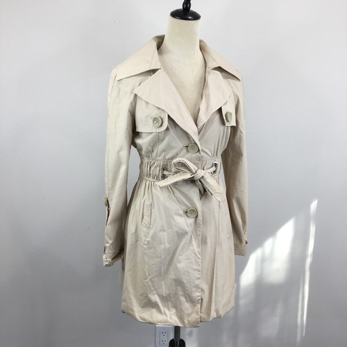 BEBE Beige Elastic Waist Sleeve Tabs Belted Trench Coat Jacket Womens ...