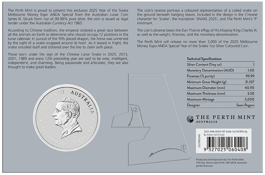 2025 Australia Lunar Green Snake Color ANDA 1 oz Silver Coin in Card | eBay