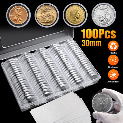 100X 30mm Clear Round Coin Holder Capsule Case w/ 5 Sizes Protect ...