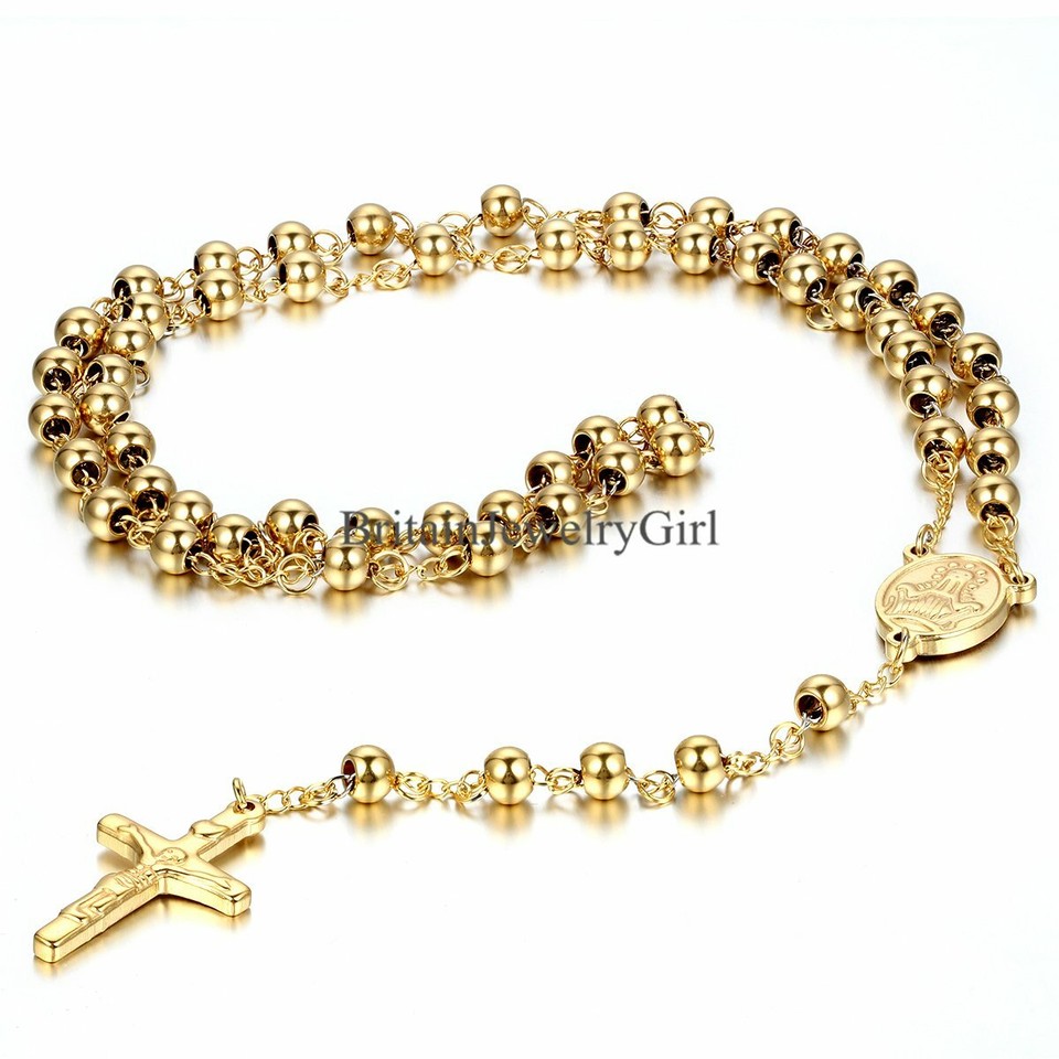 Stainless Steel Jesus Crucifix Cross Pendant Rosary Link Bead Chain ...