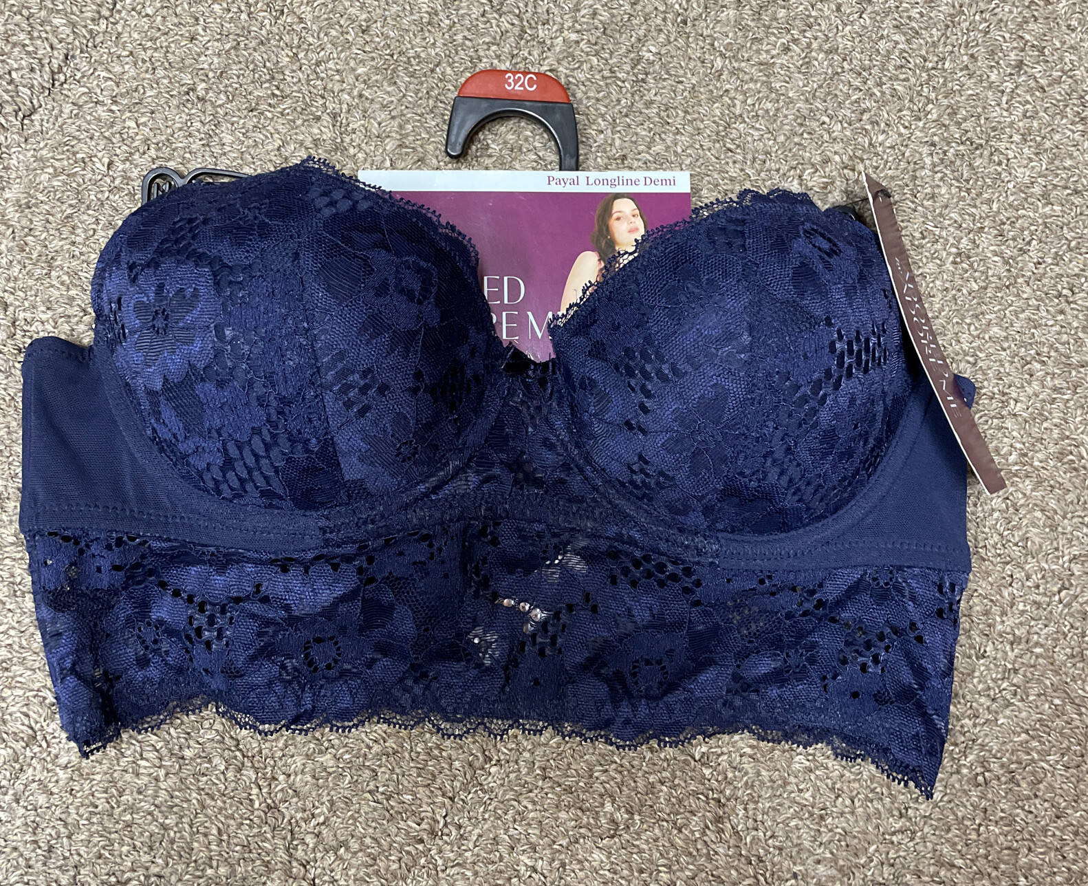 NWT Womens Adored Adore Me Payal LongLine Demi Navy Blue Lace Bra Size ...