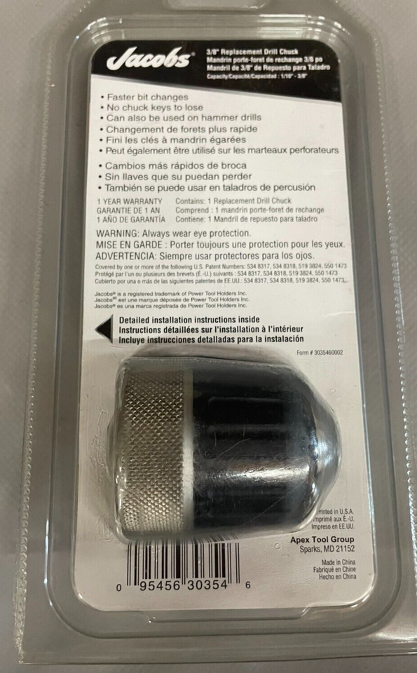 Jacobs Chuck 30354 3/8" Keyless Chuck for 3/8"-24 Thread Spindle | eBay