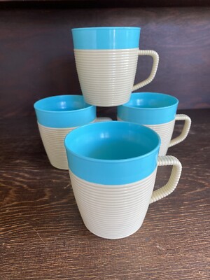 4 Vintage Ribbed Raffiaware Thermo-Temp Mug Cup Tumblers Cream & Blue ...