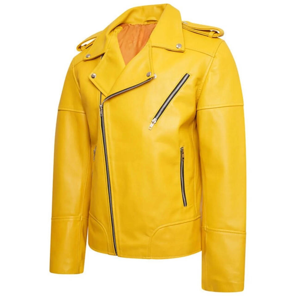 Men's Real Leather Yellow Biker Jacket 100% Pure Lambskin Soft ...