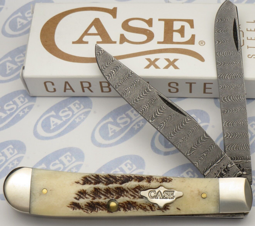 Case XX USA 2022 Stamp V6254 DAM Bone "Trapper" Knife - Ladder Damascus ...