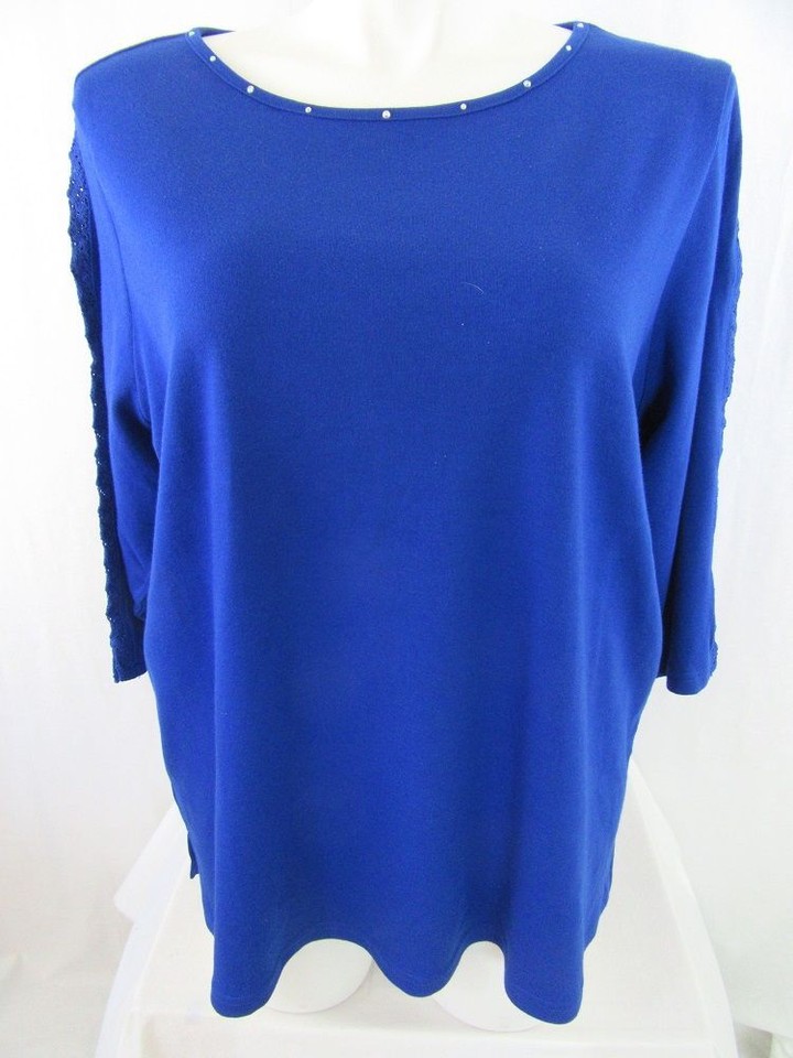 Quacker Factory Size 2X Blue 3/4-Sleeve Top with Lace and Rhinestone ...