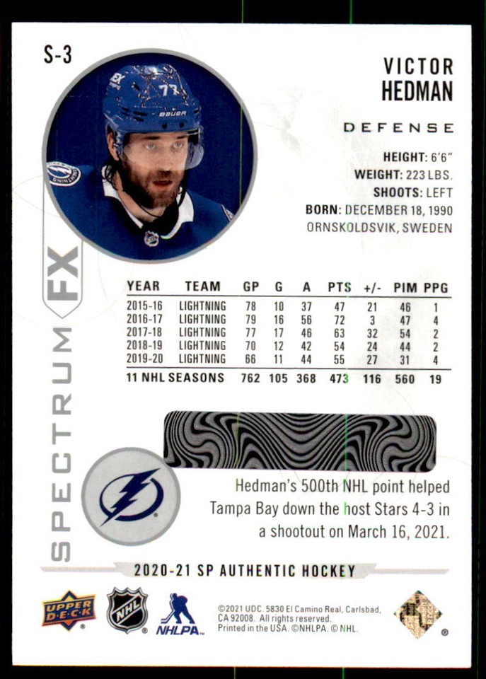 2020-21 SP Authentic #S-3 Victor Hedman Spectrum FX | eBay