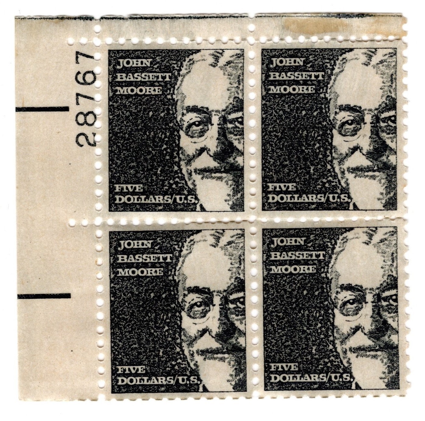 US Stamp Scott #1295, $5, John Bassett Moore, Plate Block of 4, OG, MNH ...