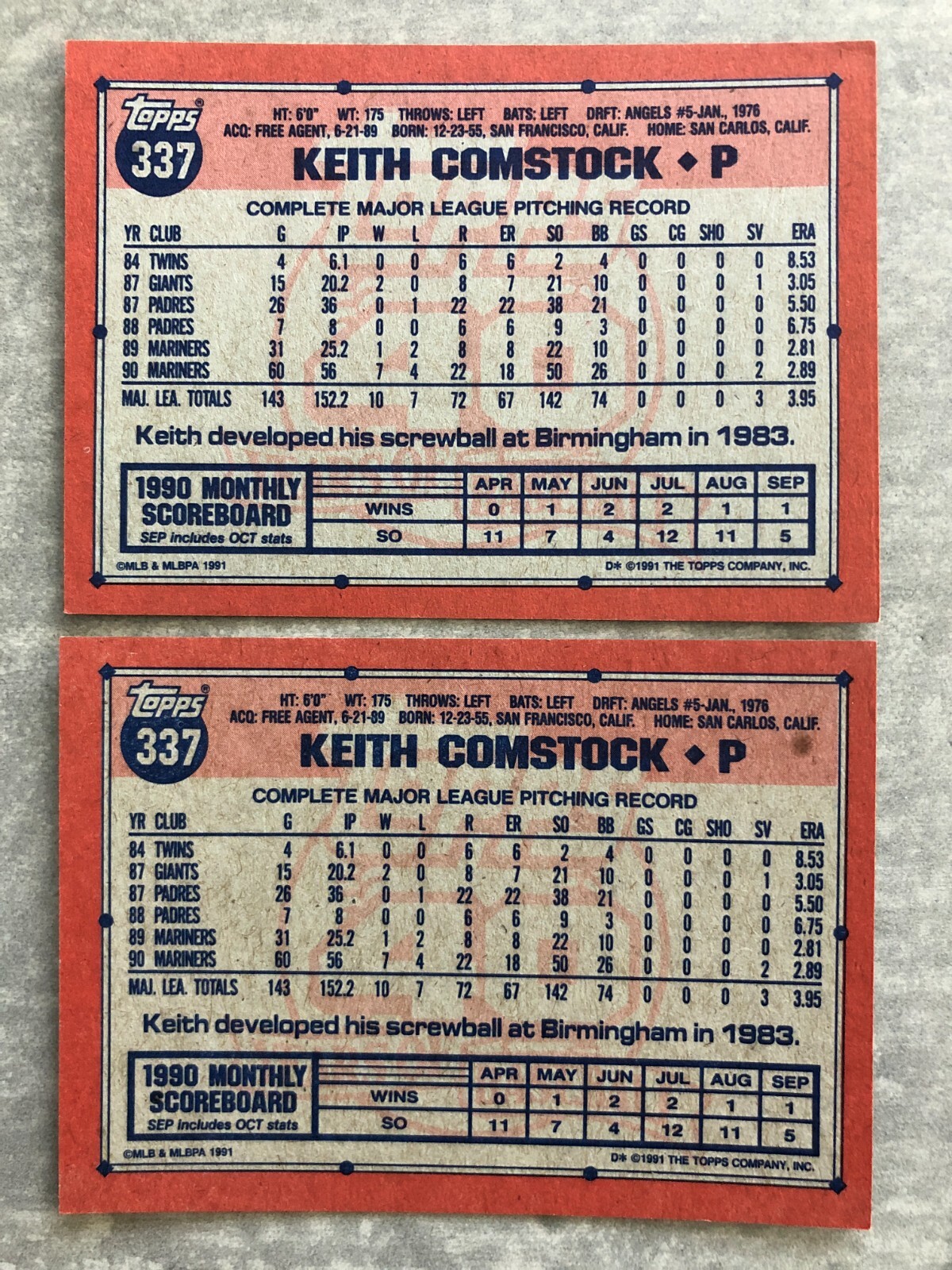 (2) 1991 Topps KEITH COMSTOCK "Team Name" Error & Corrected Baseball ...