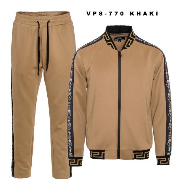 Men's Italian fashion Khaki zippered Tracksuit Jacket/Pants Greek Key ...