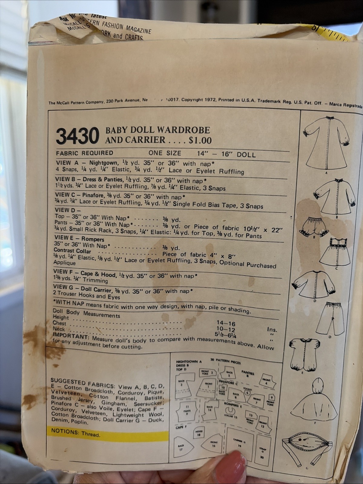 Baby Doll Wardrobe & Carrier Pattern McCall's 3430 for 14