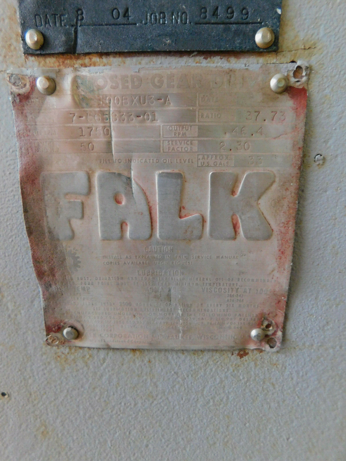Falk Enclosed Gear Drive 50 HP, 37.73 Ratio, 1750/46.4 RPM, 2.3 SF ...