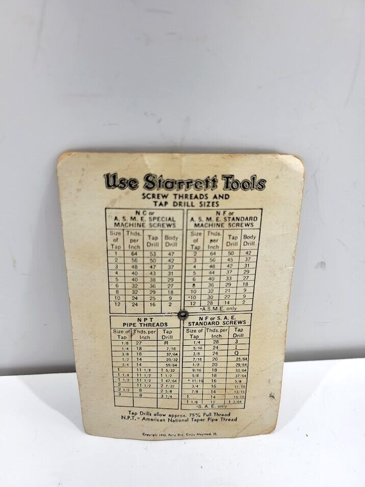 1943 L.S. Starrett Company Screw Threads & Tap Drill Spin Dial ...