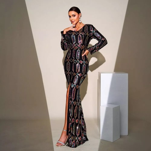 Robe Costume Élégant Long Noir Fente Strass Doux Sirène Soirée ...