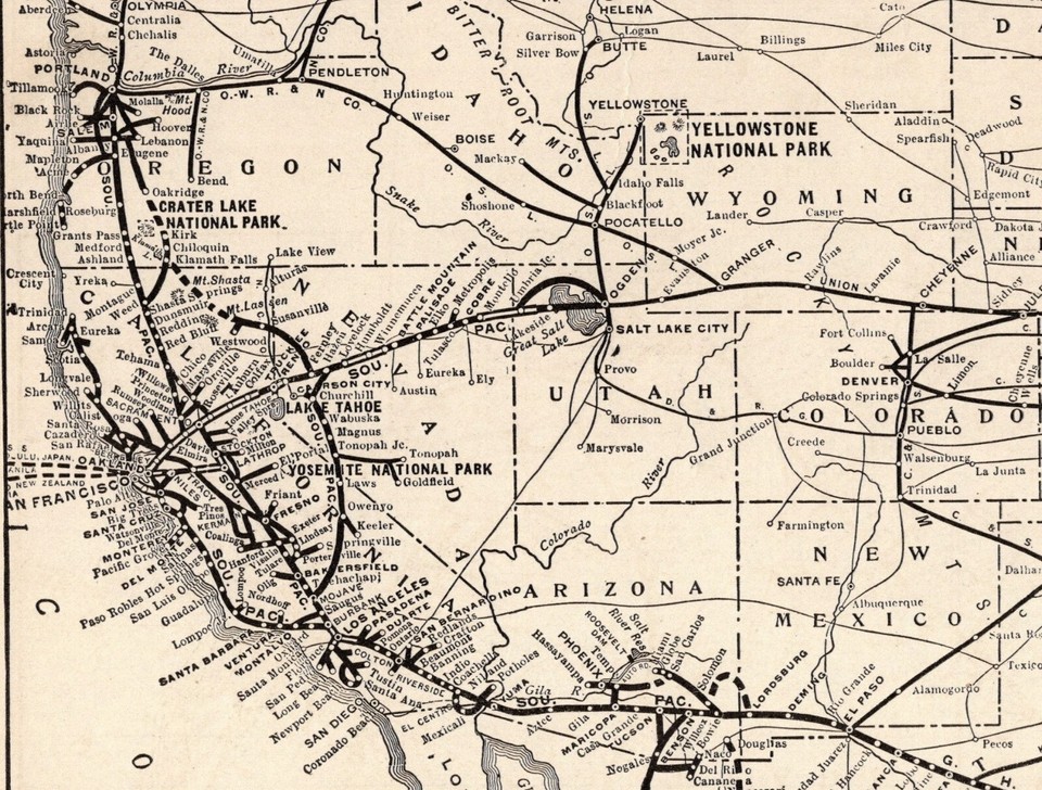 1915 Antique SOUTHERN PACIFIC RAILROAD Map Vintage Railway Map Wall ...