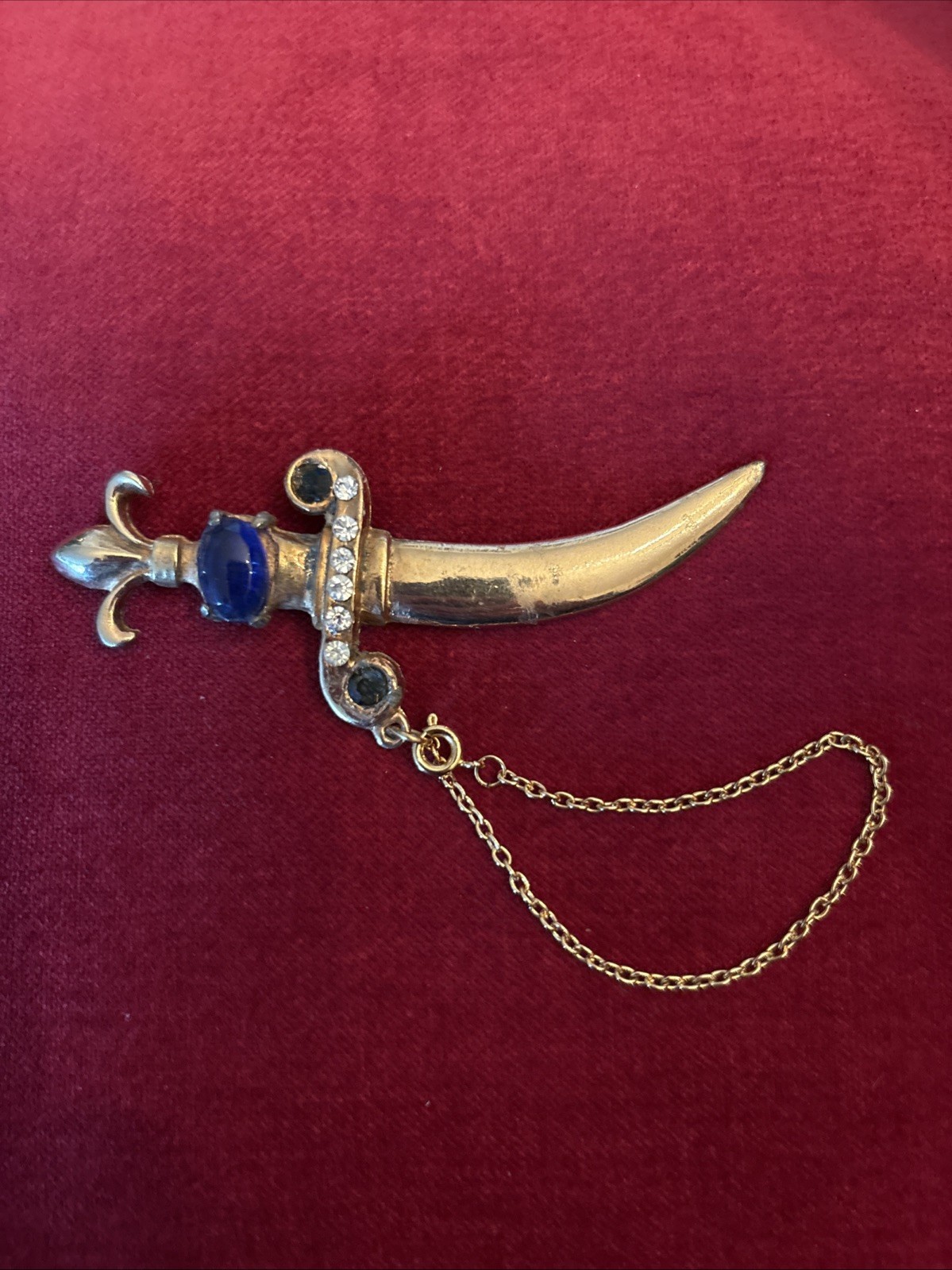 Vintage Gold Tone Blue Glass Cabochon Crystals Dagger Sword Brooch With ...