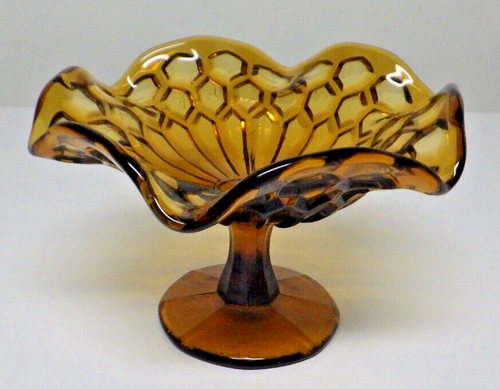 Pressed Glass Amber Compote Candy Dish/Bowl Pedestal Honeycomb Hexagon ...