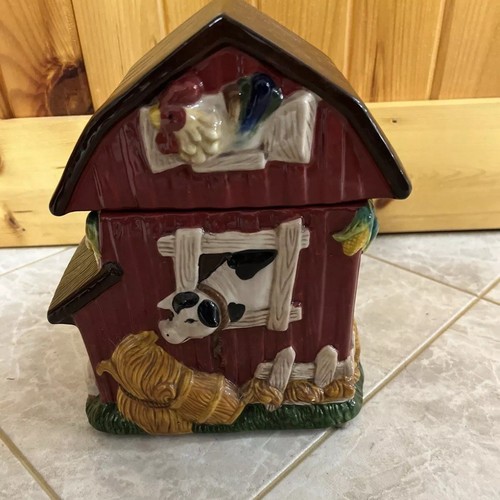 HOMESPUN HOLIDAY Collection 11” Ceramic Red Barn Cookie Jar W/Farm ...