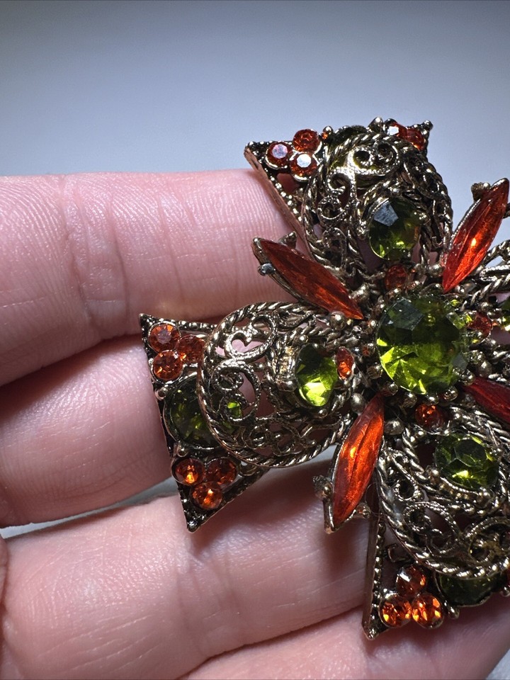 Vintage EMMONS Maltese CROSS Filigree Rhinestone Goldtone Brooch Pin ...