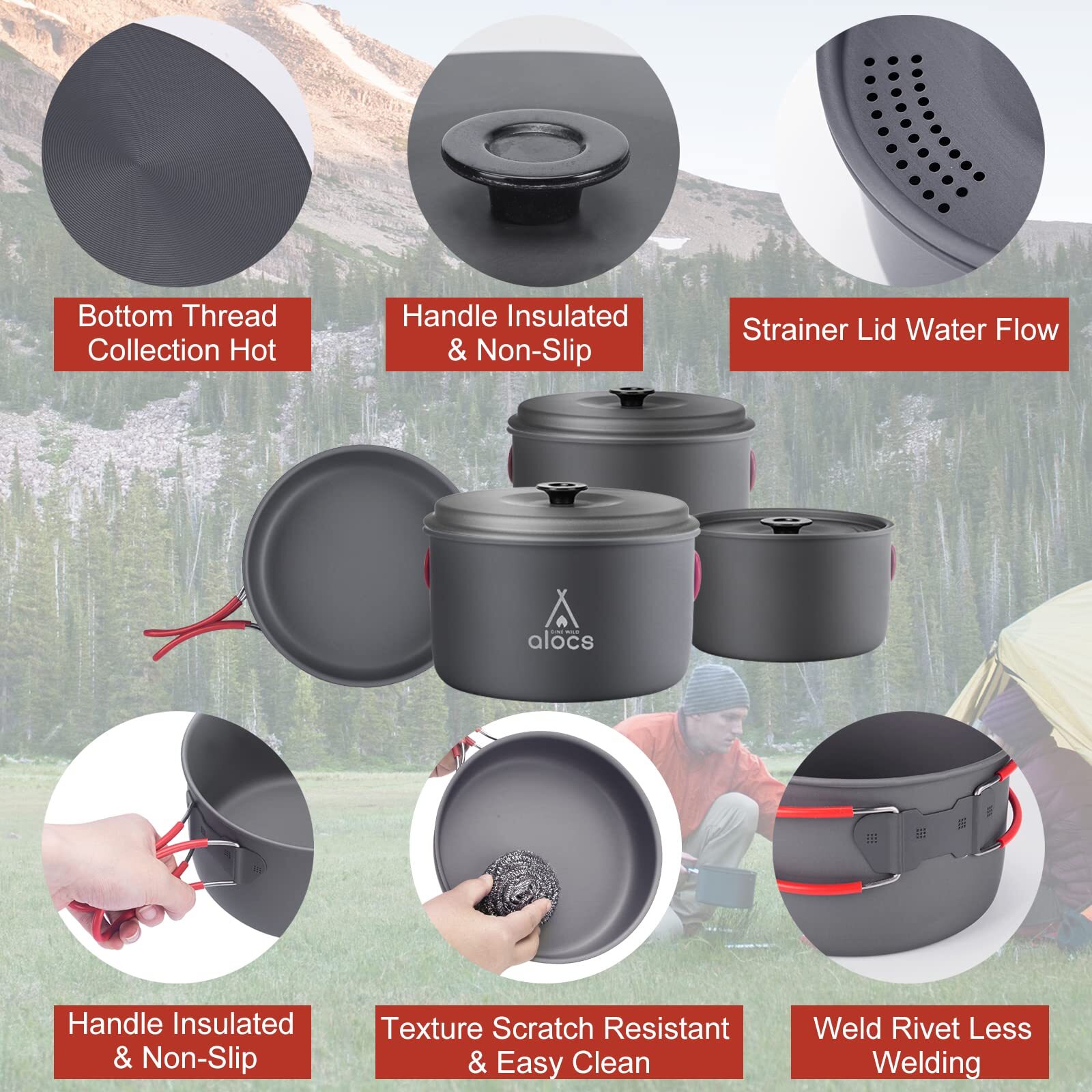 Camping Cookware Set Camping Gear Pots Pans Set Included Mesh Carry Bag ...
