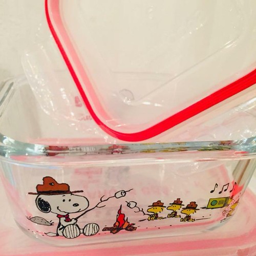 Pyrex Peanuts Snoopy Glass Storage Container Square 2 Size 2 Set Heat ...