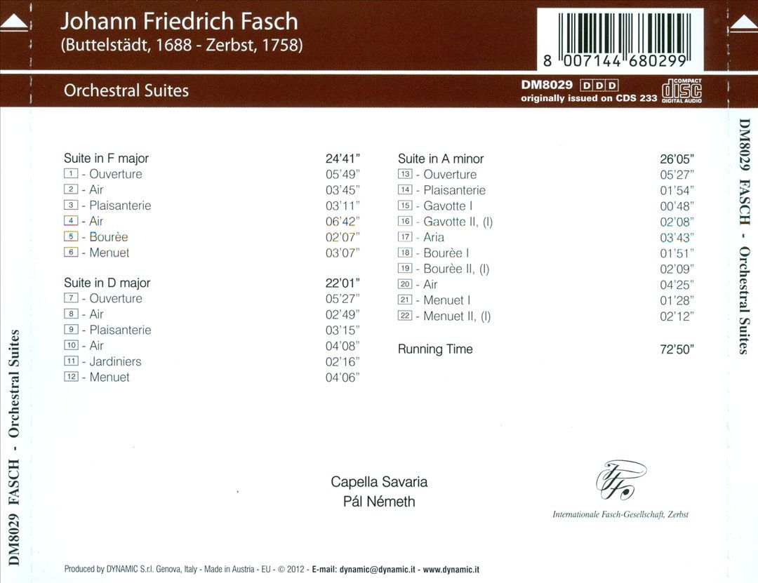 JOHANN FRIEDRICH FASCH: ORCHESTRAL SUITES NEW CD 8007144680299 | eBay