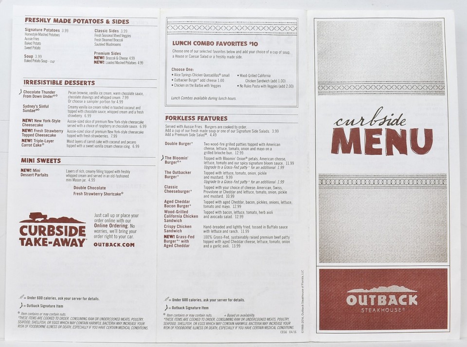 2016 Outback Steakhouse Restaurant Menu Florida Burger Salad Steak ...