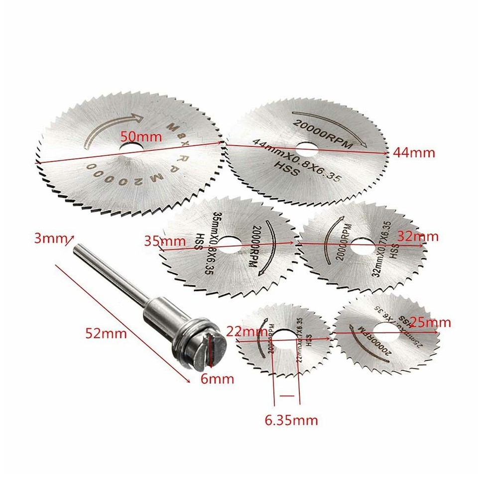 7PCS 22-50mm HSS MINI Circular Saw Blade Cutting Discs Set and Mandrel ...